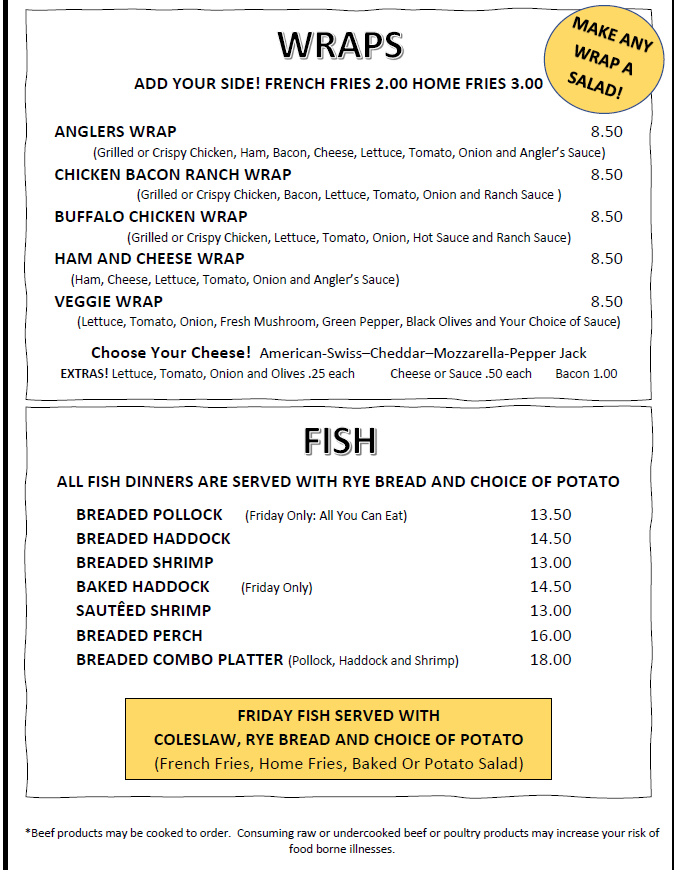 Anglers Bar and Grill Fremont, Wisconsin Menu