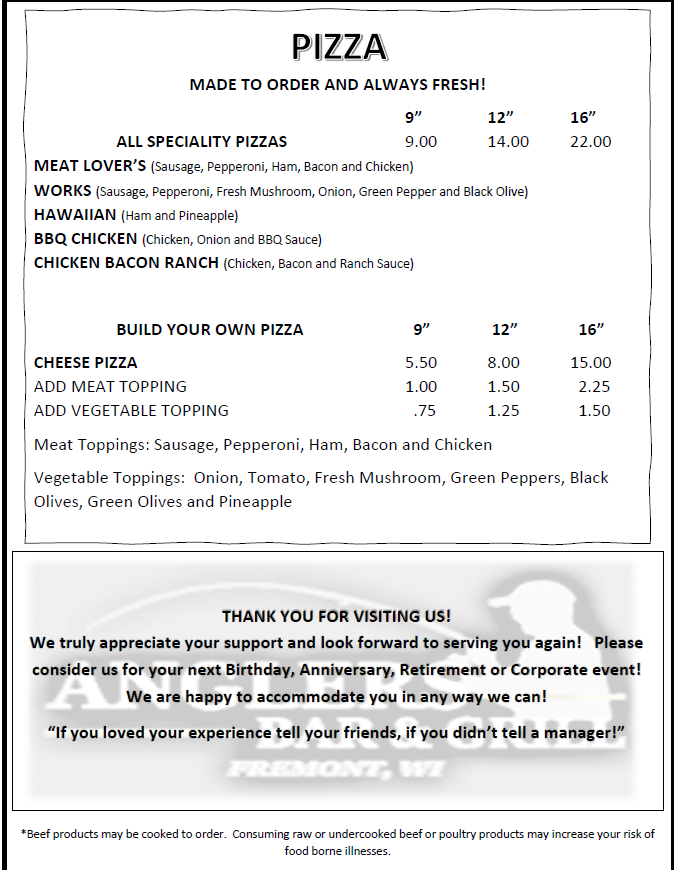 Anglers Bar and Grill Fremont, Wisconsin Menu